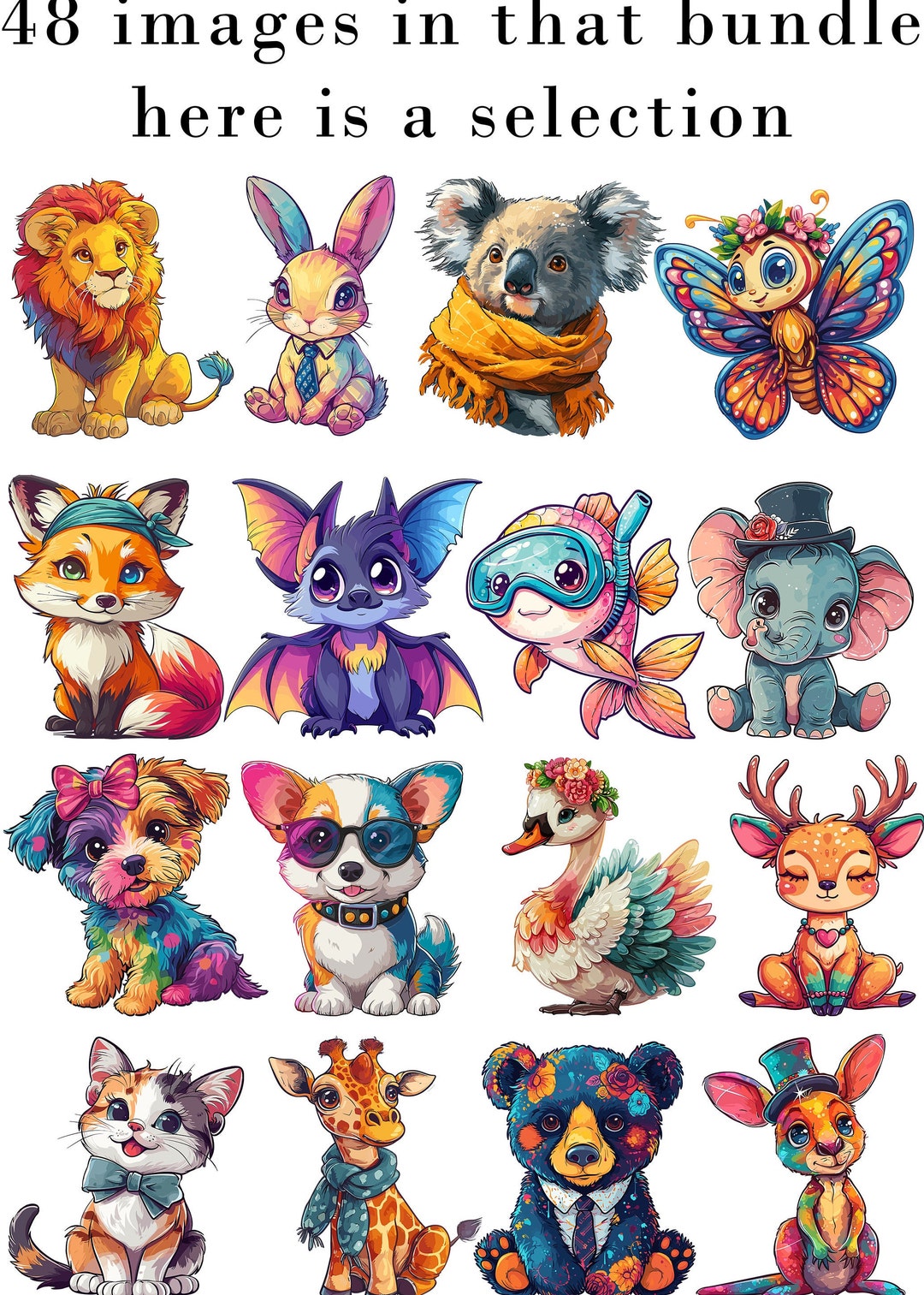 48 Animal Illustrations Bundle, Cute Animal Clipart Pack, Animal PNG ...