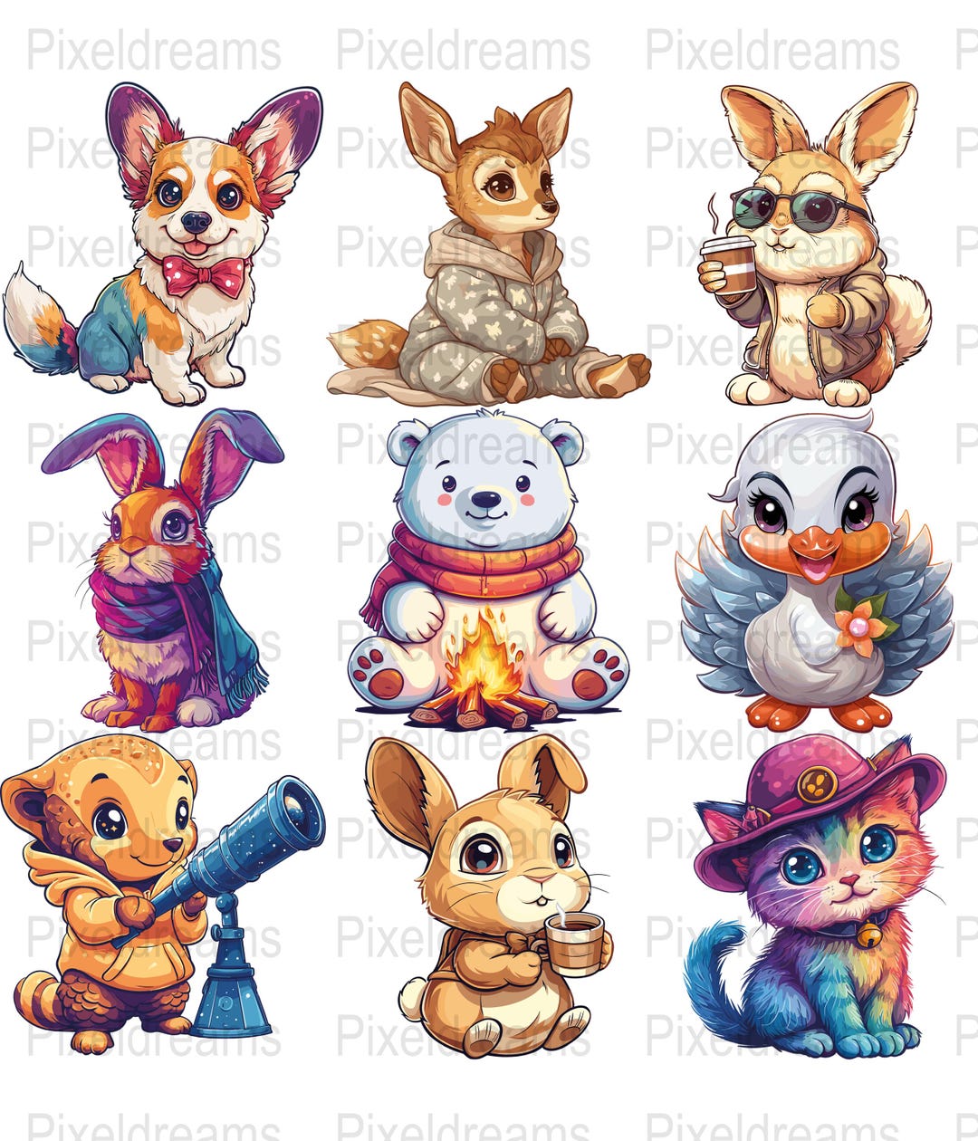 Cute Cartoon Animal Bundle, Pack of 31 Adorable Animal Illustrations ...
