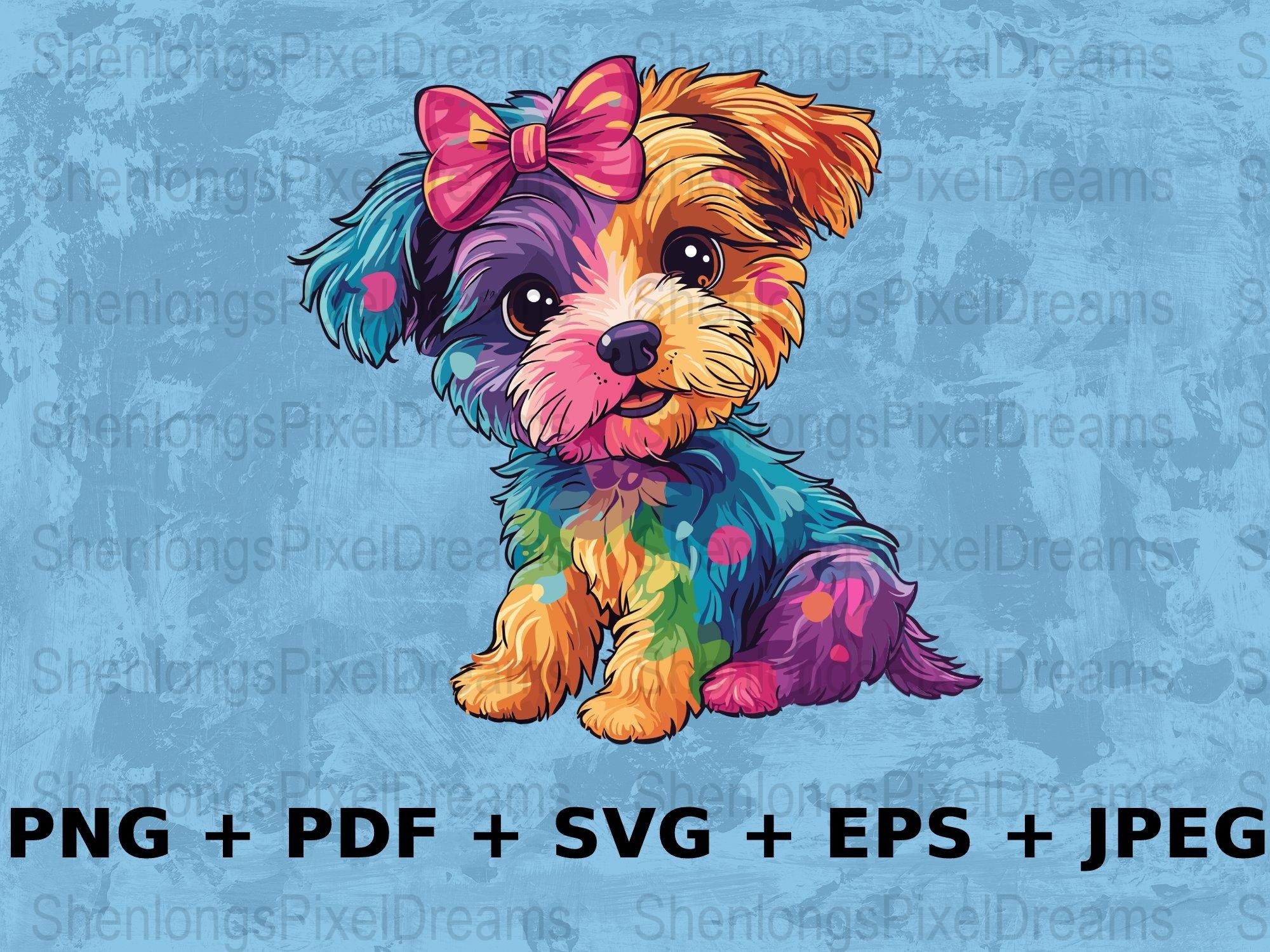 Colorful Yorkie Dog Digital Art, Cute Illustrated Puppy With Bow SVG ...