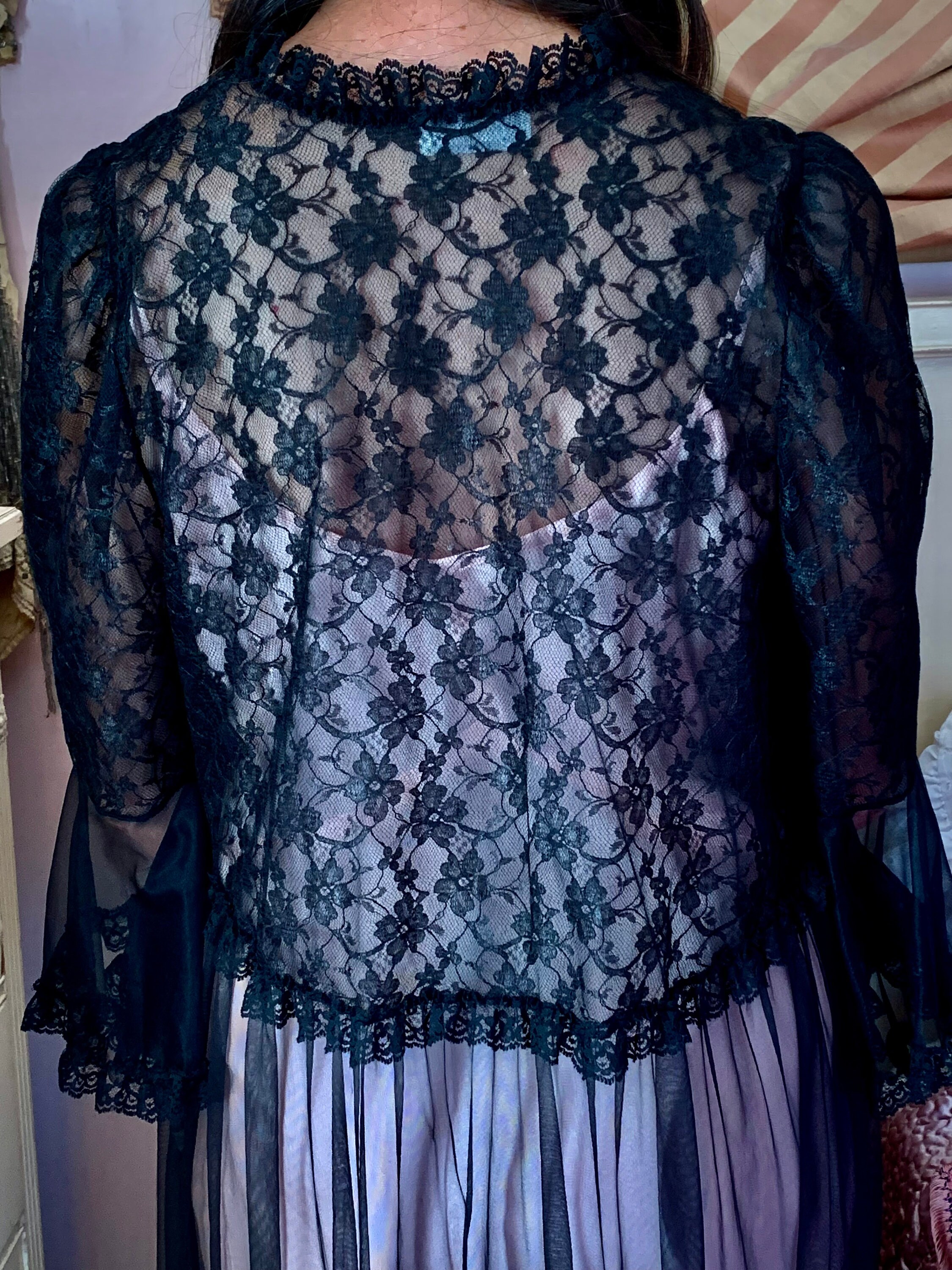 The Most Stunning Black Lace Peignor/dressing Gown W/bell Sleeves - Etsy