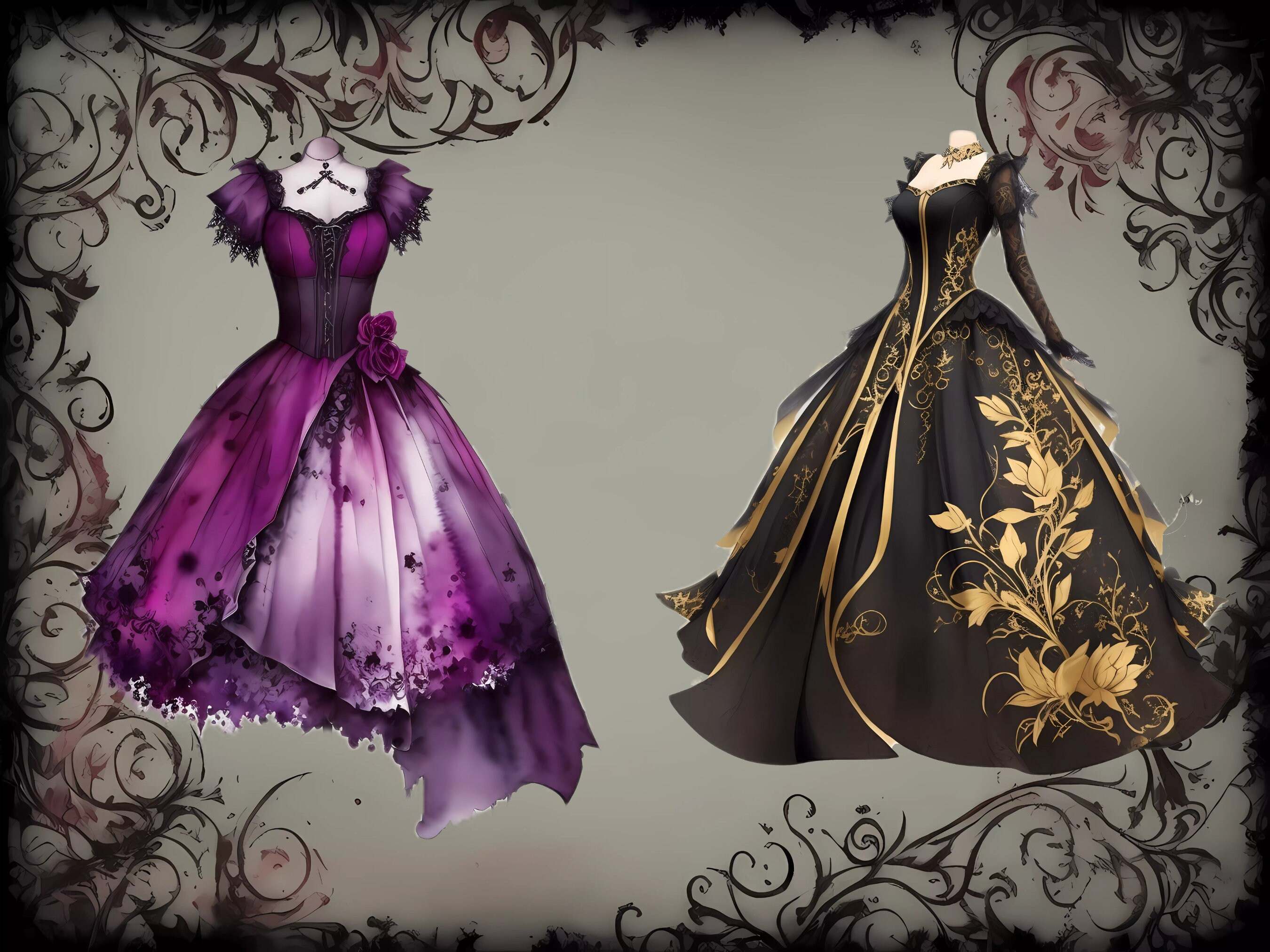 Retro Gothic Dress Clipart Vintage-inspired Digital Illustration for ...