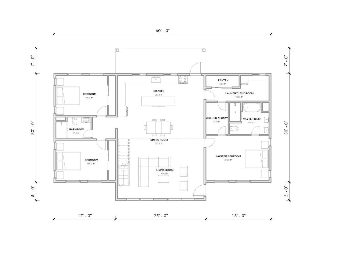 House Plan, 3 Bedroom 2 Bath With Loft, 60'x30' Floor Plan, 1800 Sq Ft ...