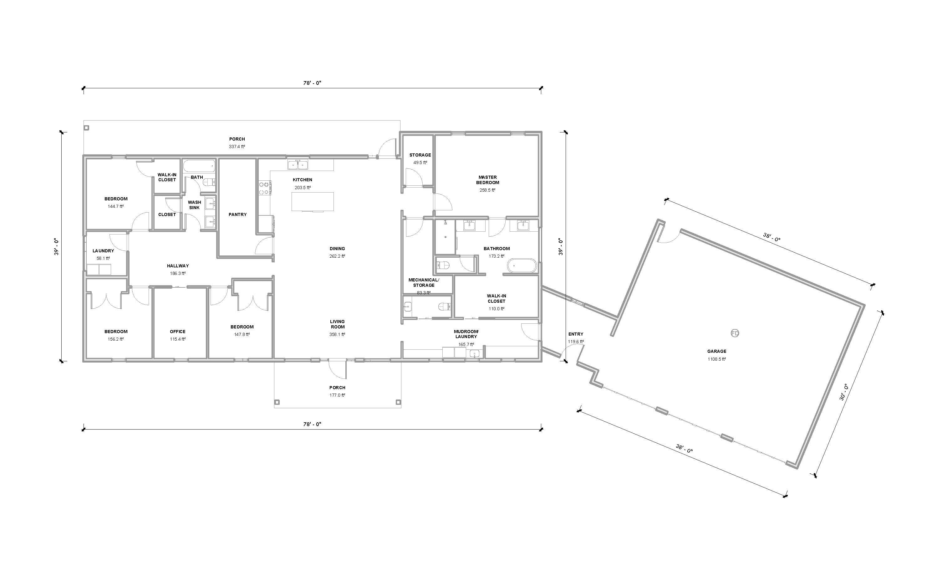 House Plan, 4 Bedroom 3 Bath With Porch, 80'x40' Floor Plan, 3200 Sq Ft ...