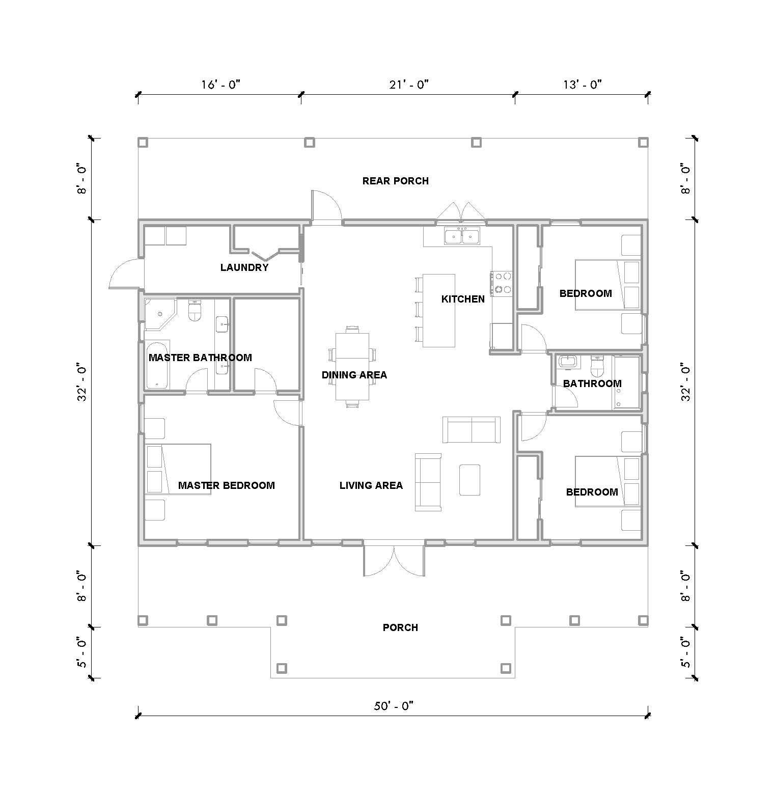 House Plan, 3 Bedroom 2 Bath With Front & Rear Porch, 1600 Sq Ft Floor ...