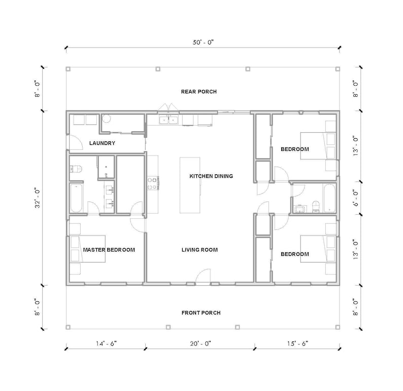 Barndominium House Plan | 3 Bed 2 Bath | 1,600 Sq Ft | 32x50 Floor Plan ...