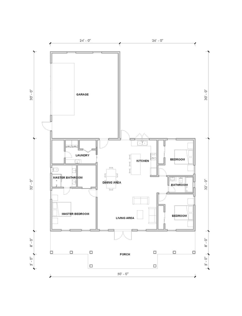 House Plan, 3 Bedroom 2 Bath With Porch & Garage, 32'x50' Floor Plan ...