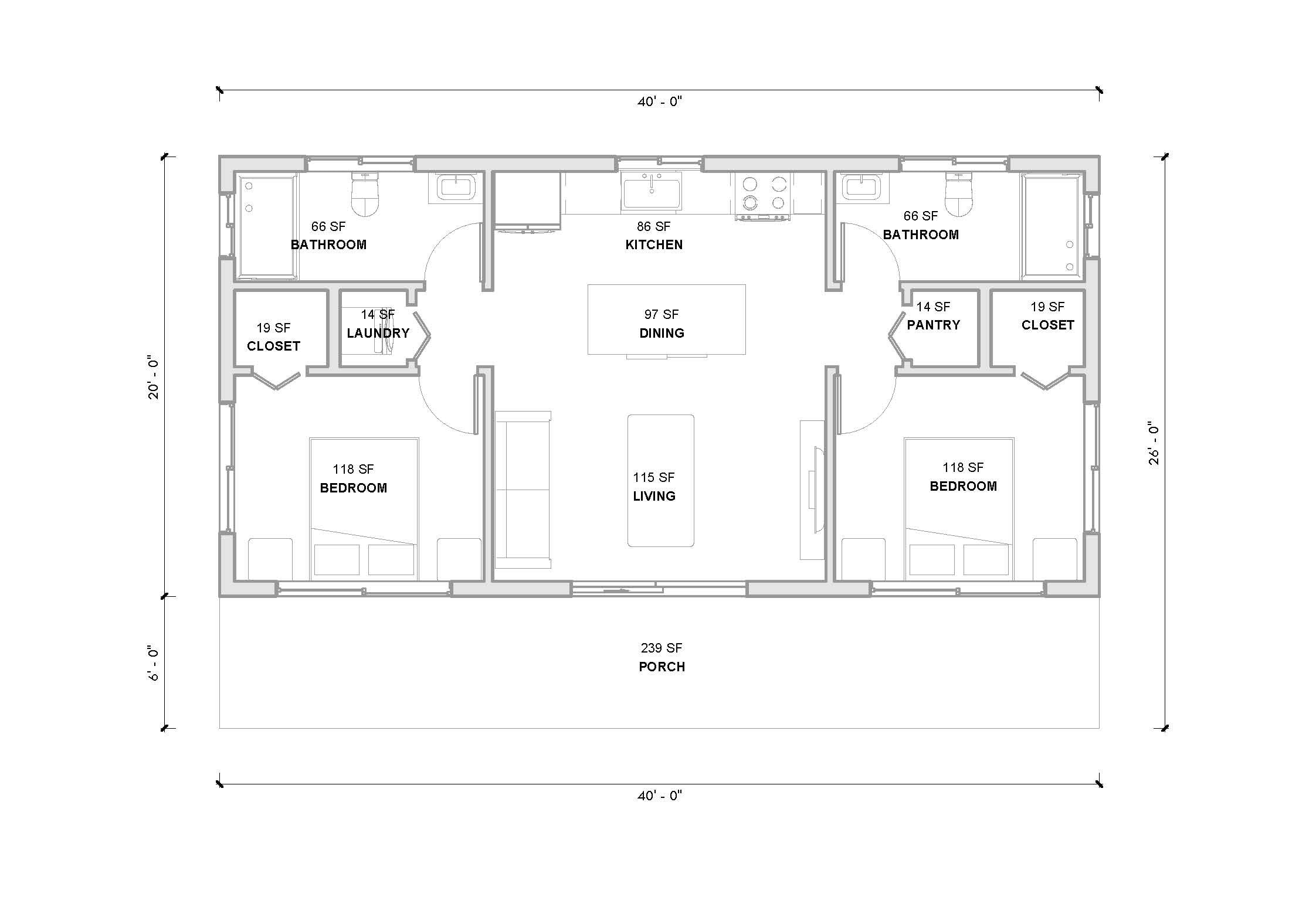 House Plan, 2 Bedrooms 2 Bath, 40'X20' Floor Plan, 800 Sq Ft. Small ...