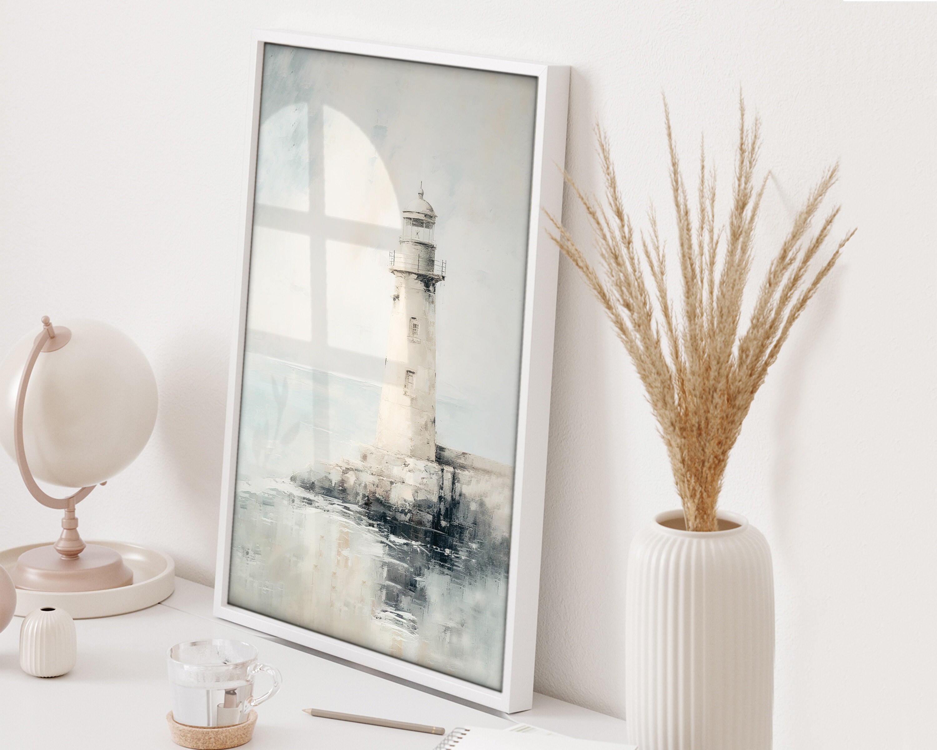 Vintage Lighthouse Print, Ocean Landscape, Nautical Landscape, Neutral ...