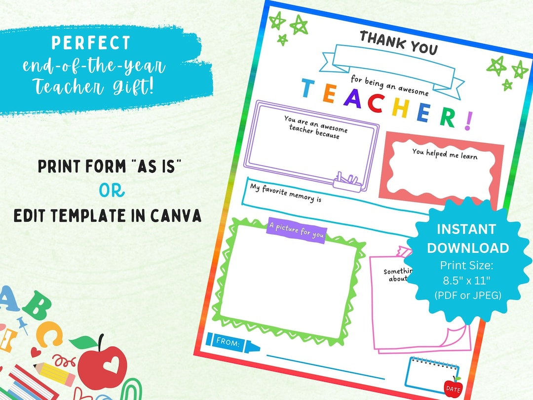 Thank You Teacher Gift, Teacher Appreciation Gift, Printable Teacher ...