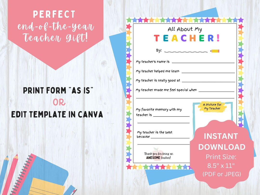 All About My Teacher Printable, Teacher Thank You Gift (digital ...