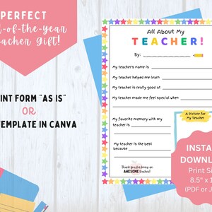 Teacher Appreciation Gift, Teacher Thank You Gift, All About My Teacher ...