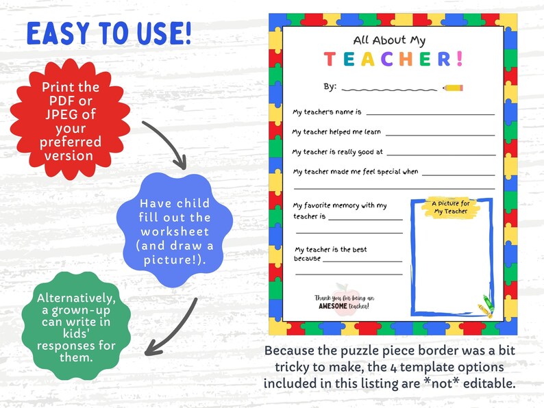 All About My Teacher Printable, End of Year Gift (digital Download) - Etsy