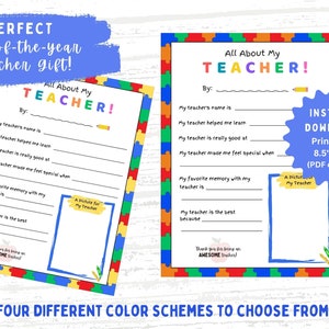 All About My Teacher Printable, End of Year Gift (digital Download) - Etsy