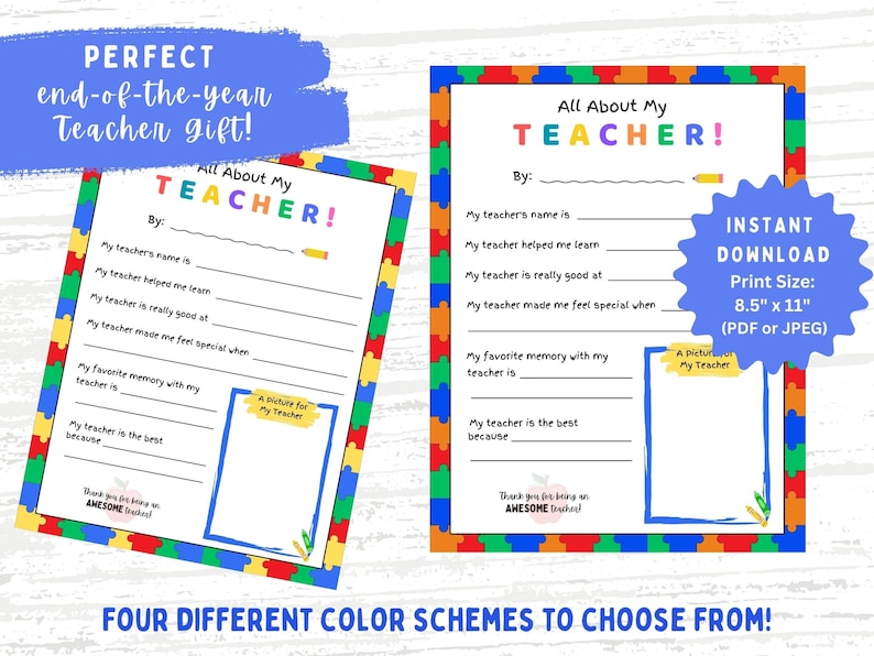 All About My Teacher Printable, End of Year Gift (digital Download) - Etsy