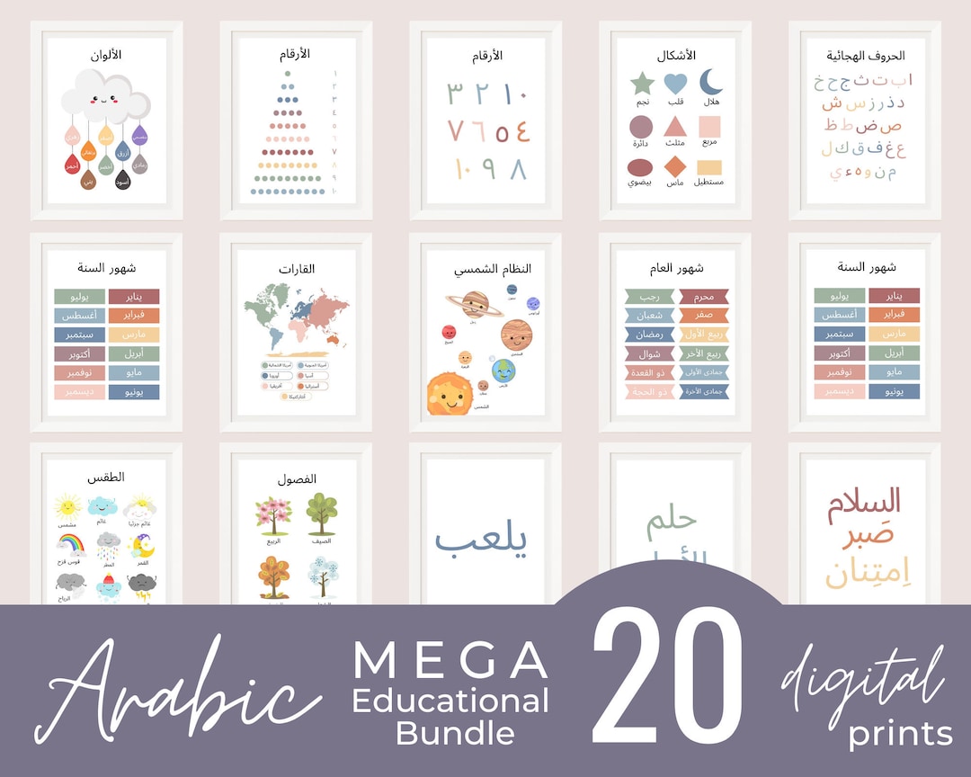 Set of 20 Arabic Educational Prints Montessori Arabic Classroom Posters ...