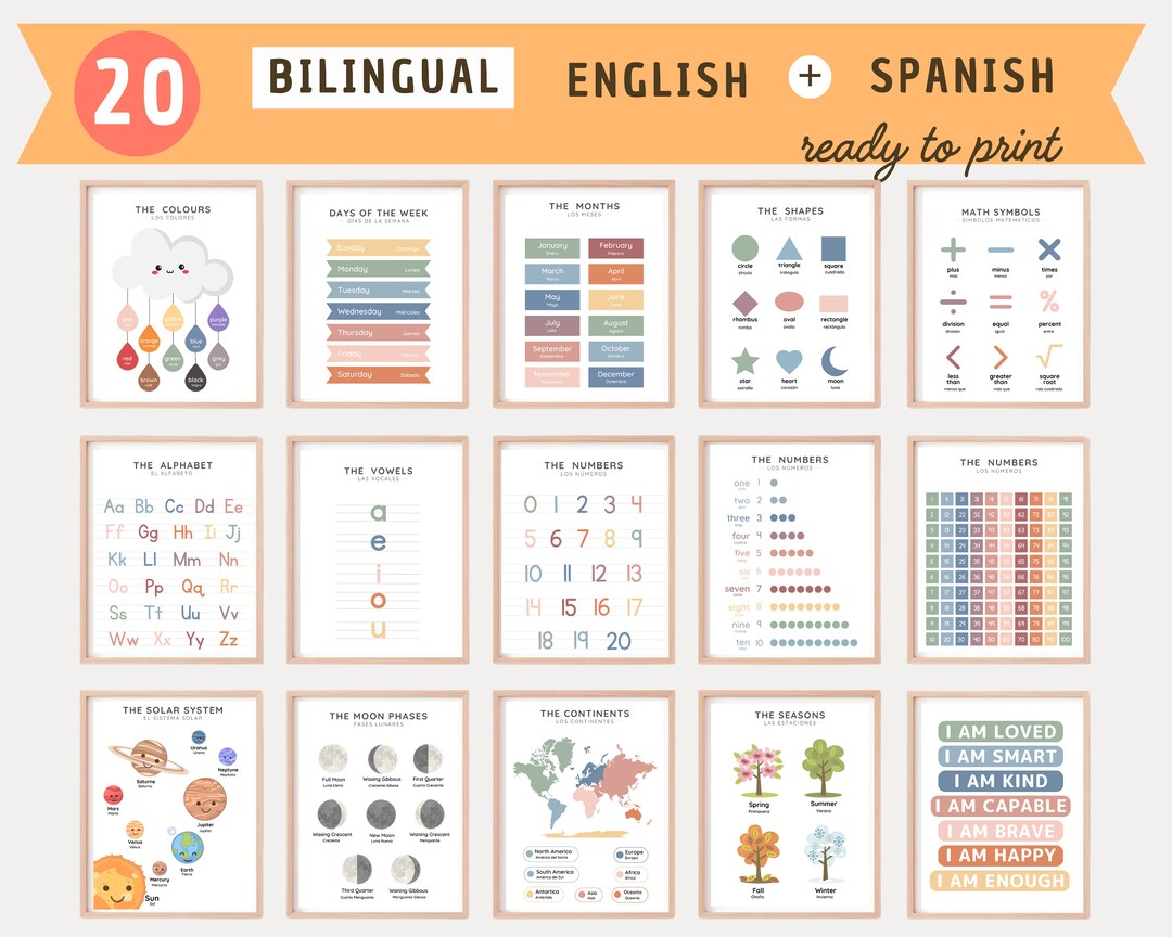 20 Bilingual English & Spanish Educational Posters, Montessori Prints ...