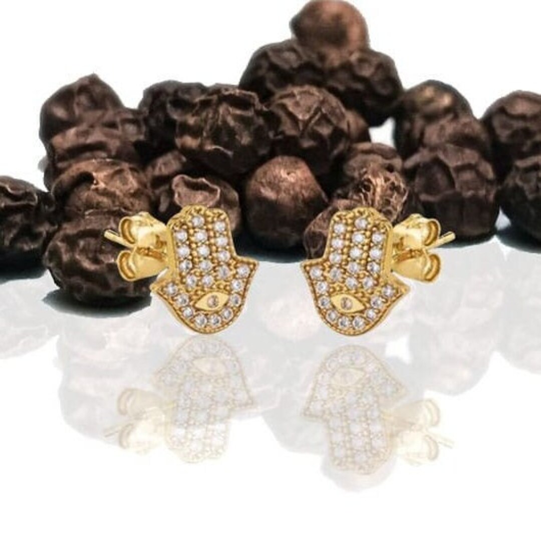 14k Diamond Hamsa Stud Earrings, 14k Gold Hamsa Stud, Gold, Silver Hamsa Earrings, Hand of God ...