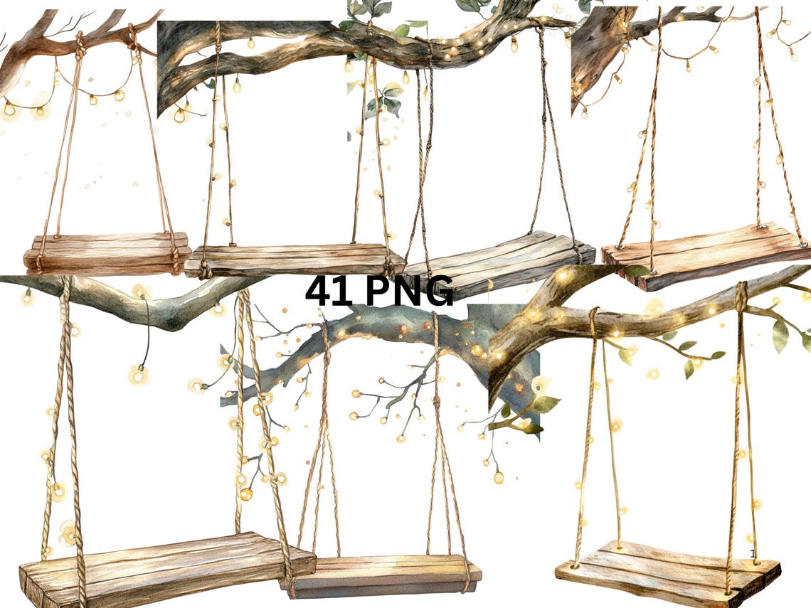 41 Wooden Swings Watercolor Clipart, PNG Digital Files on Transparent ...