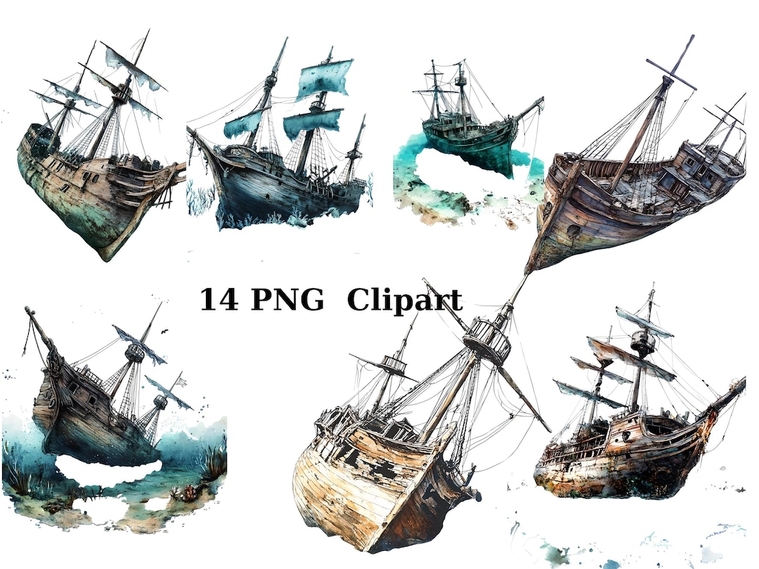 14 Sunken Pirate Ships Watercolor Clipart, PNG Individual Images on ...