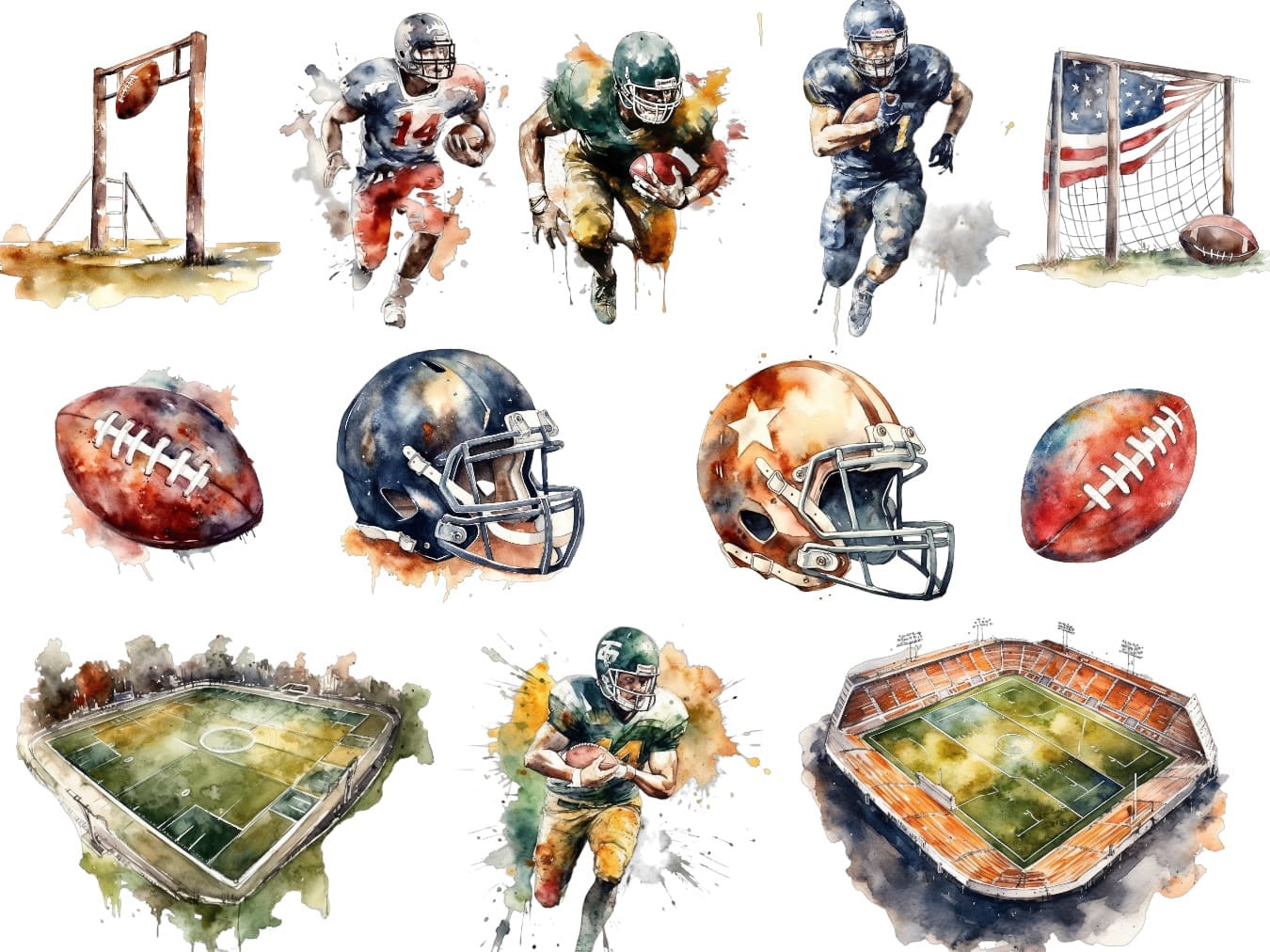 American Football Bundle, Watercolour, 16 PNG Images, Transparent ...