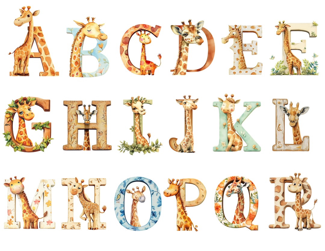 Giraffe Alphabet Watercolor, Giraffe Letters, Transparent Background ...