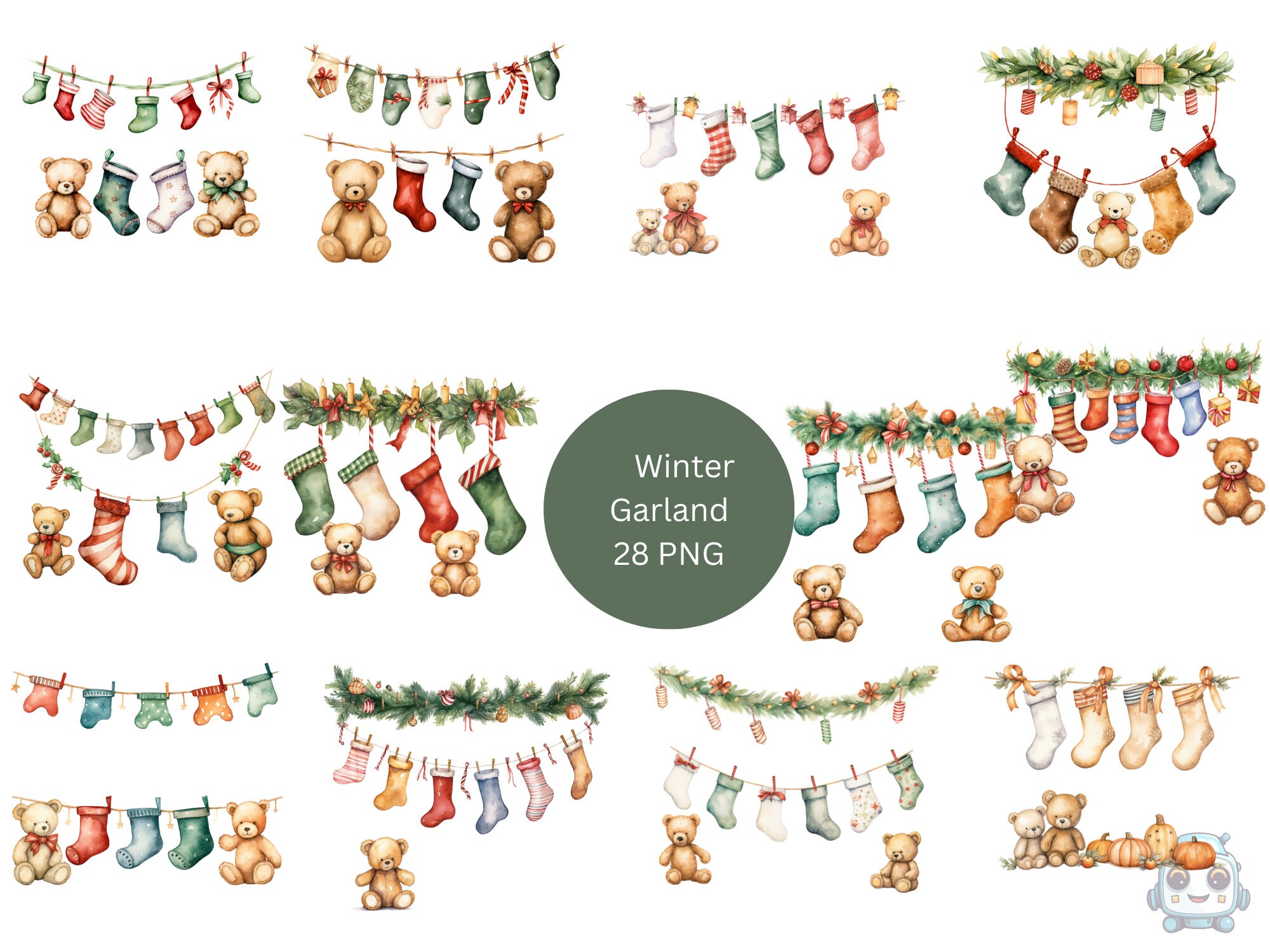 28 Winter Garlands Watercolor Clipart, Christmas Clipart, PNG ...