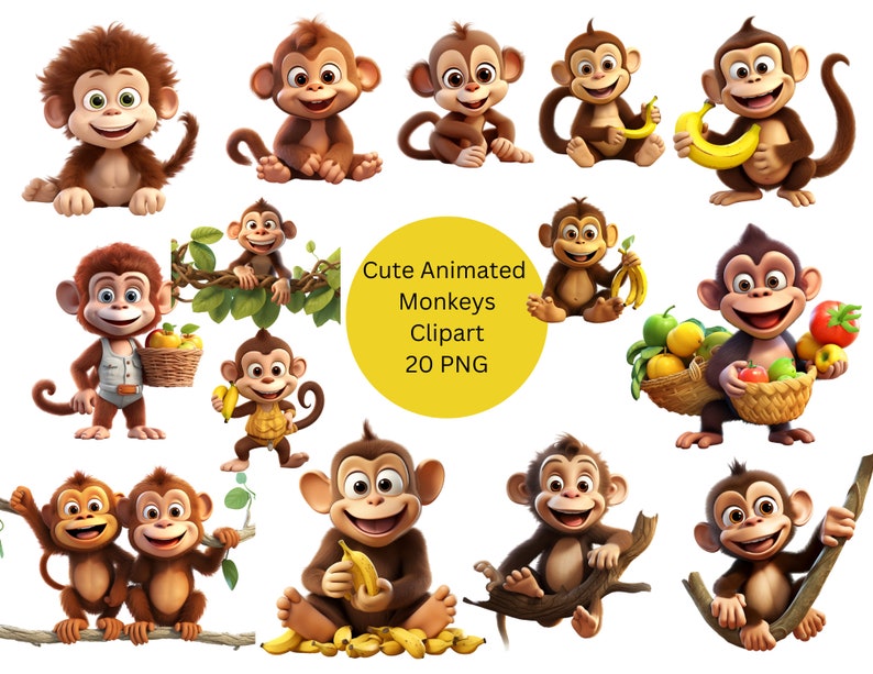 Cute Animated Monkeys Clipart PNG Digital Files on - Etsy