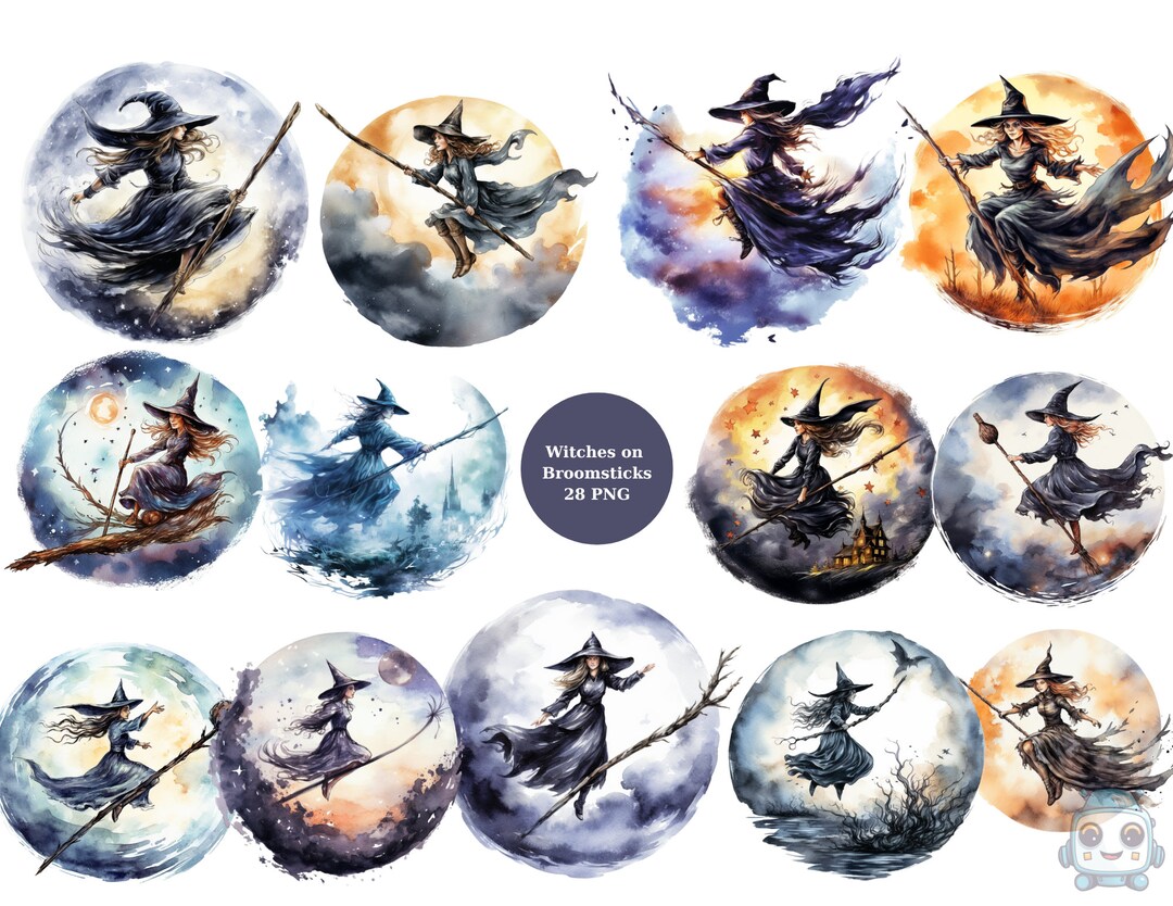 28 Witches on Broomsticks Watercolor Clipart, Halloween Clipart, PNG ...