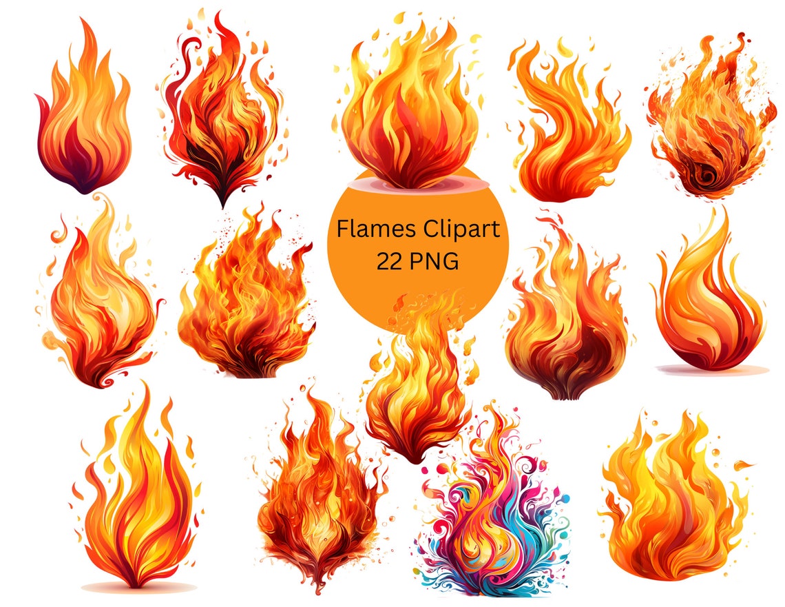 Flames Clipart Fire PNG PNG Digital Files on a Transparent - Etsy