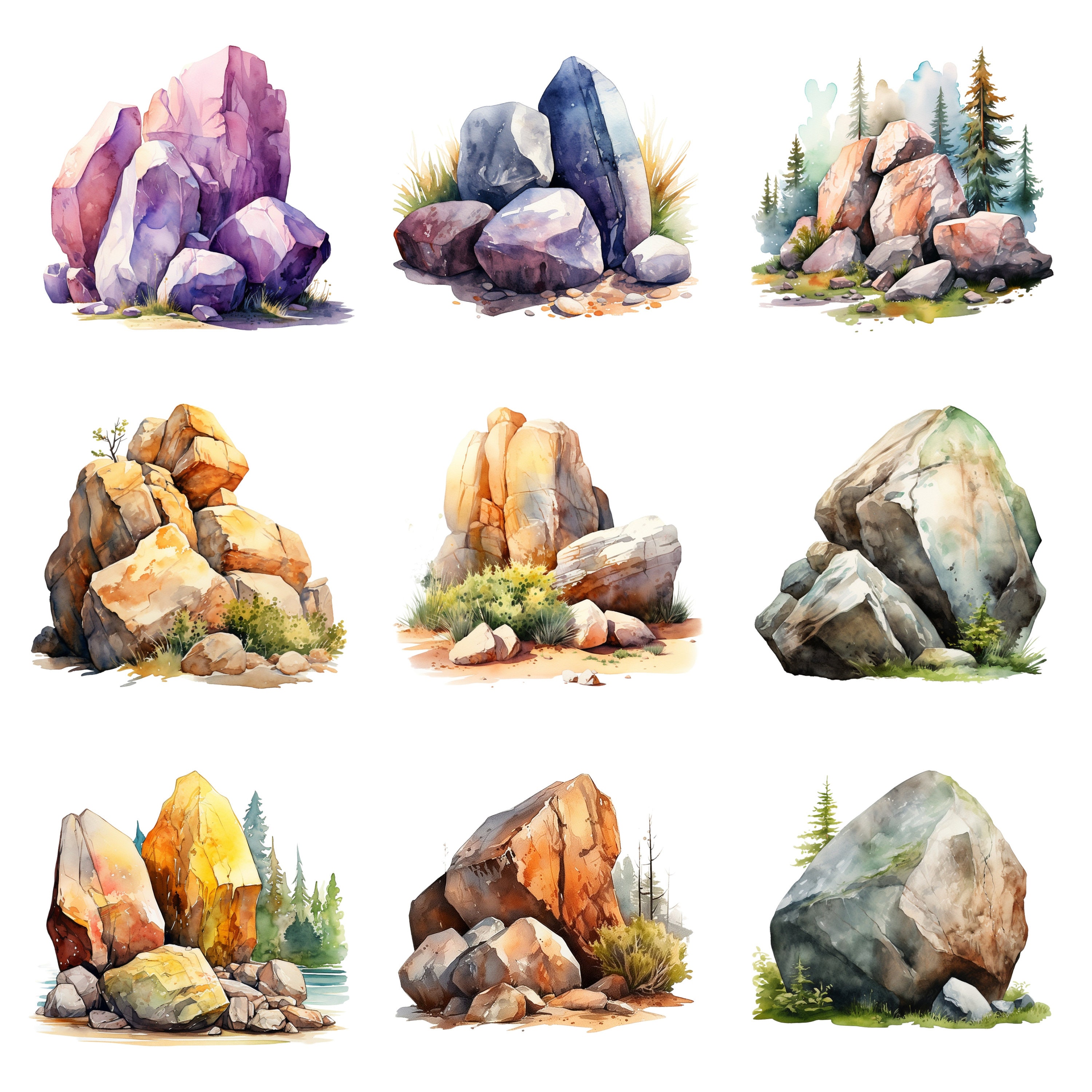 Watercolor Boulders Clipart, PNG Digital Files on Transparent ...