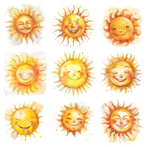 23 Whimsical Suns Watercolor Clipart, Whimsical Clipart, PNG Individual ...
