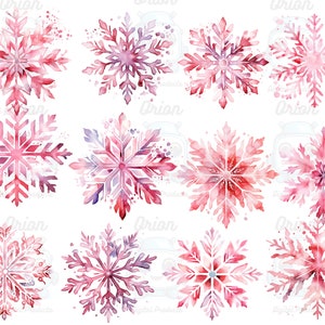 Watercolor Pink Snowflakes Clipart, PNG Digital Files on a Transparent ...