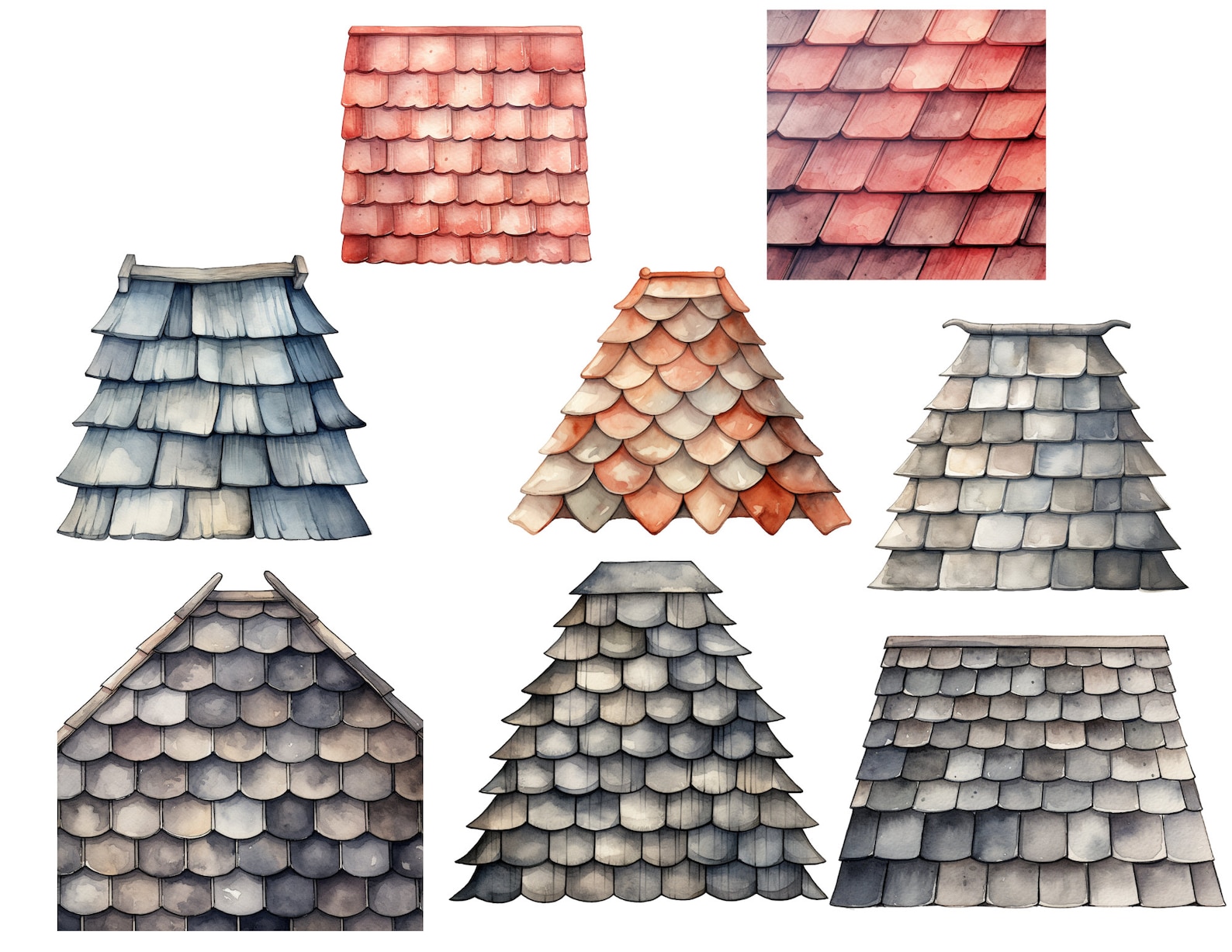 Watercolor Roof Tiles Clipart, PNG Digital Files on a Transparent ...