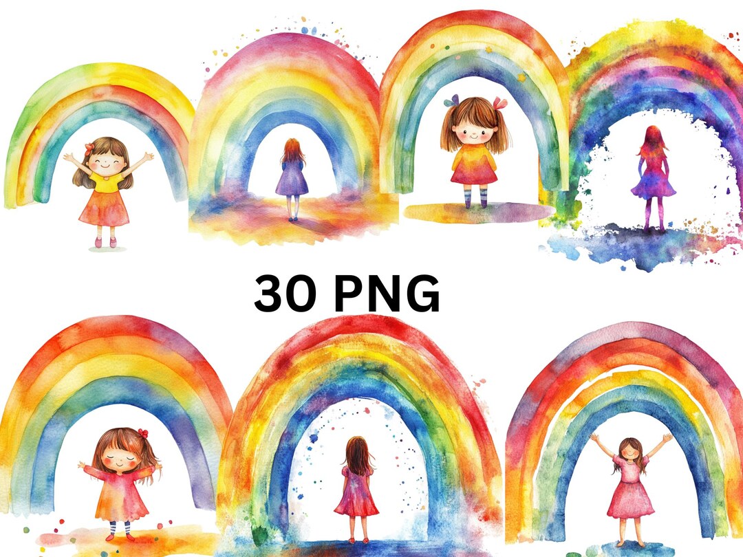 30 Girl and Rainbow Watercolor Clipart, Rainbow Clipart, PNG Individual ...