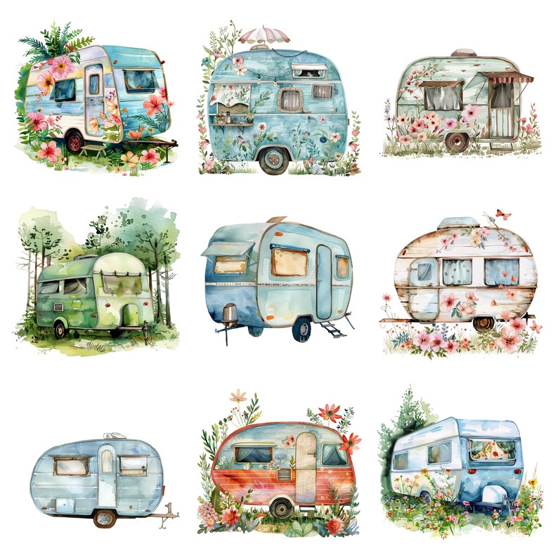 Watercolor Camping Caravans Clipart, PNG Individual Images on ...