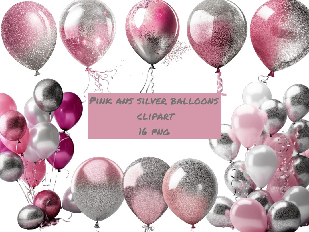 Pink Glitter Balloons Clipart, Silver Glitter Party Clipart in PNG ...