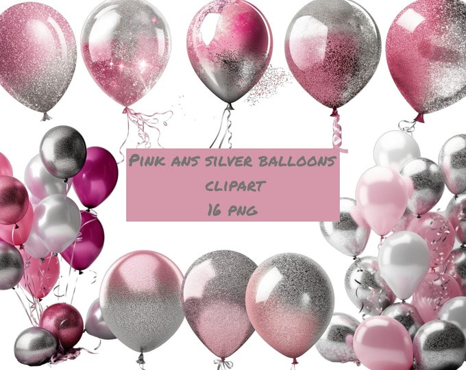 Pink and Black Balloons Clipart, Glitter Balloon PNG Digital Overlays ...