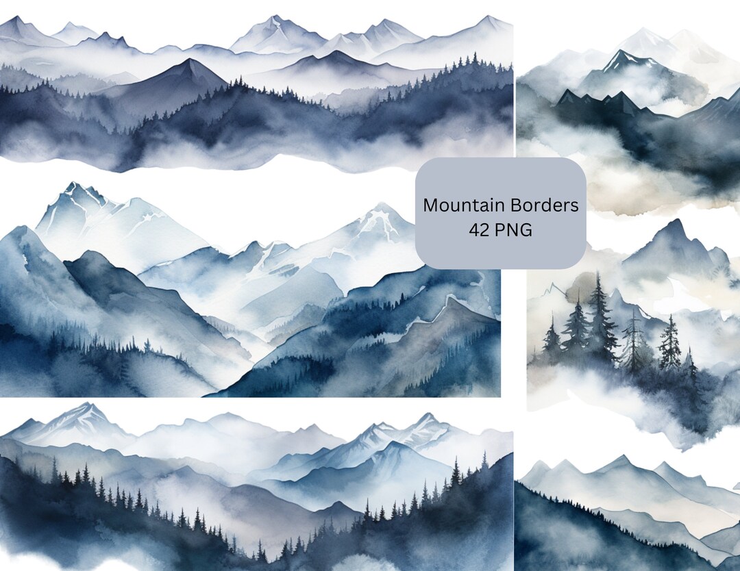 Watercolor Mountain Borders Clipart, PNG Digital Files on Transparent Background, Sublimation ...