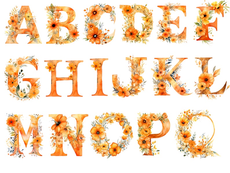 Watercolor Floral Orange Alphabet Clipart Floral Alphabet - Etsy