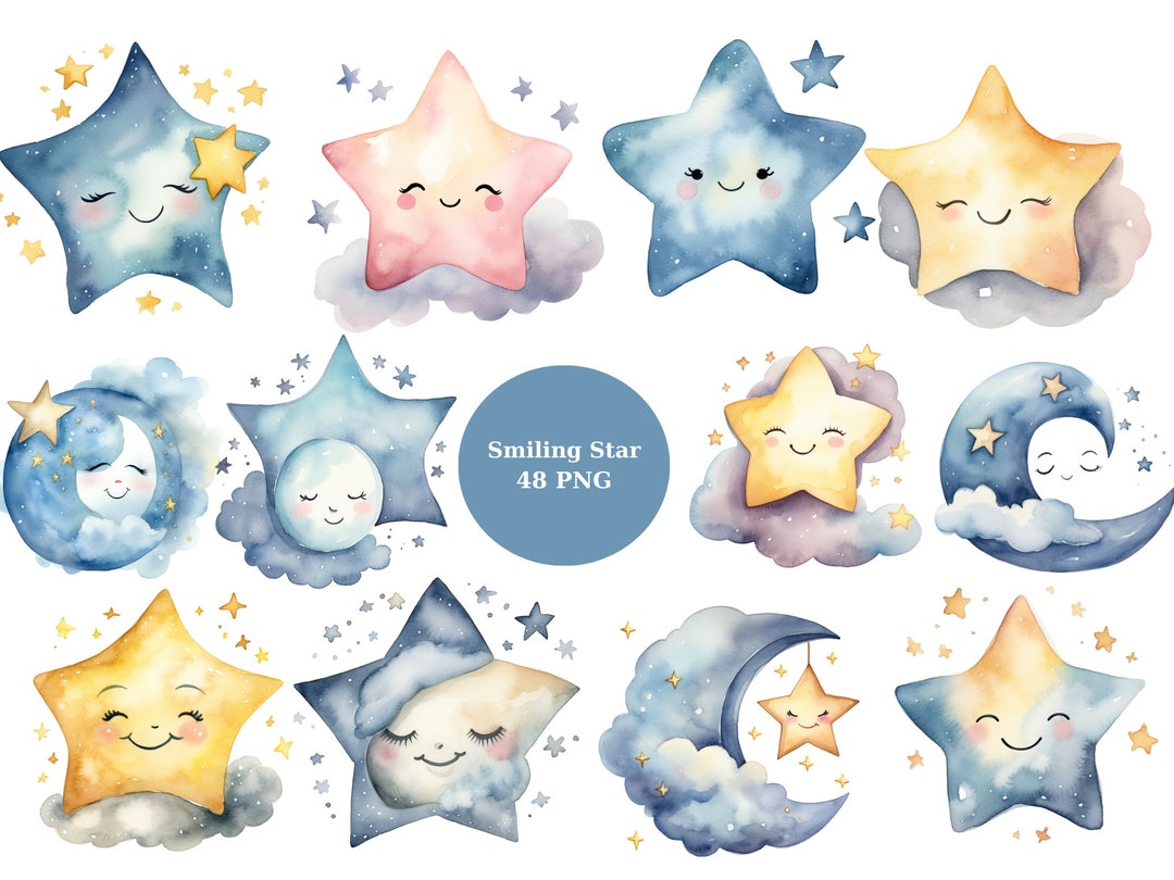 48 Smiling Stars Watercolor Clipart, Kids Clipart, PNG Individual ...