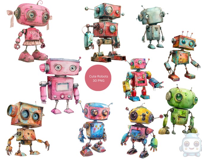 20 Cute Robots Clip Art, Adorable Bot Printable Image, Nursery Wall Art ...