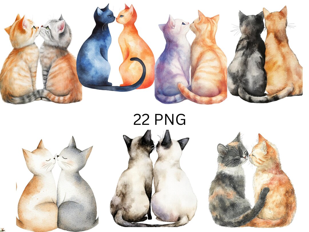Watercolor Cat Couple Clipart - Romantic Feline Illustrations - Cat ...