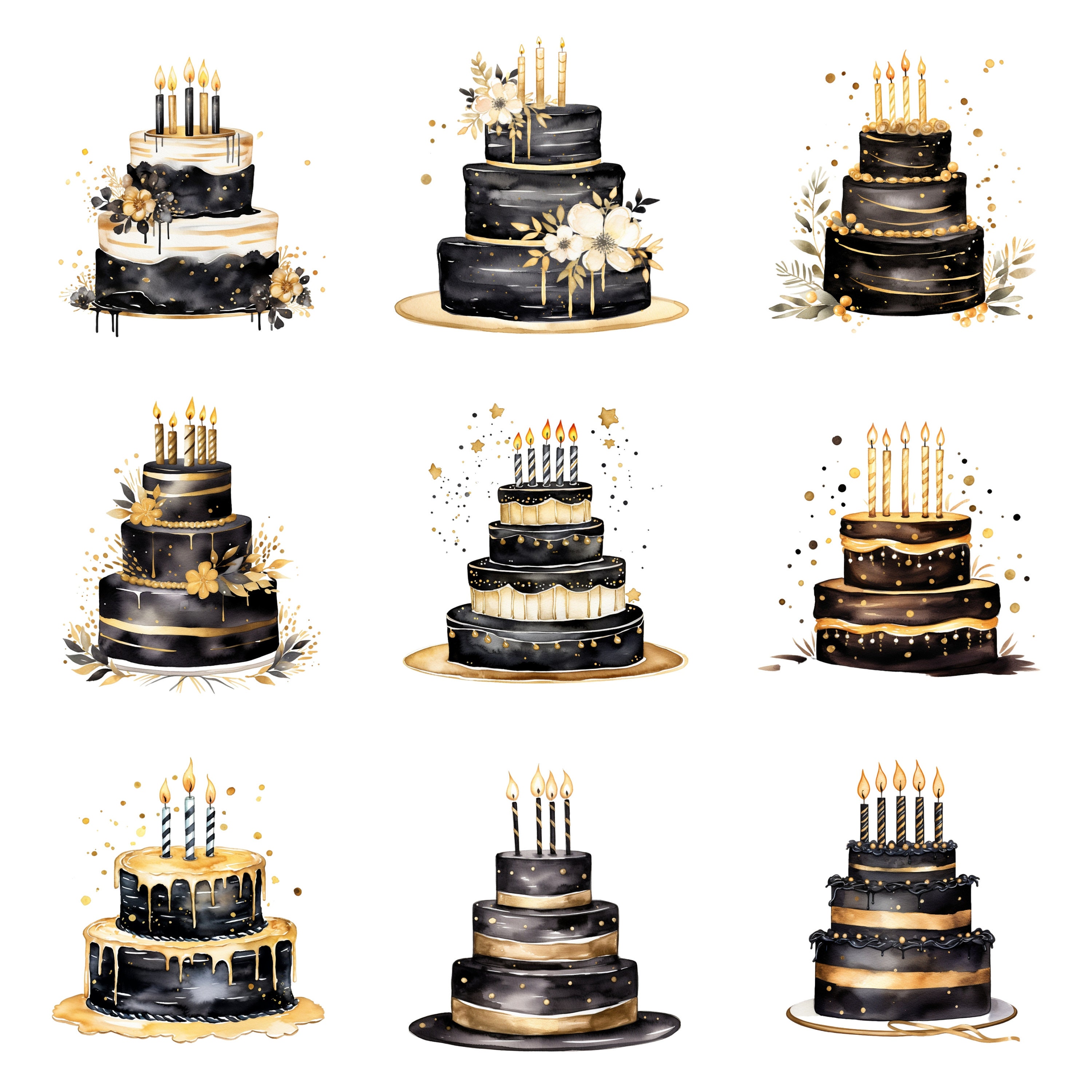 37 Black and Gold Birthday Cakes Watercolor Clipart, Party Clipart, PNG ...