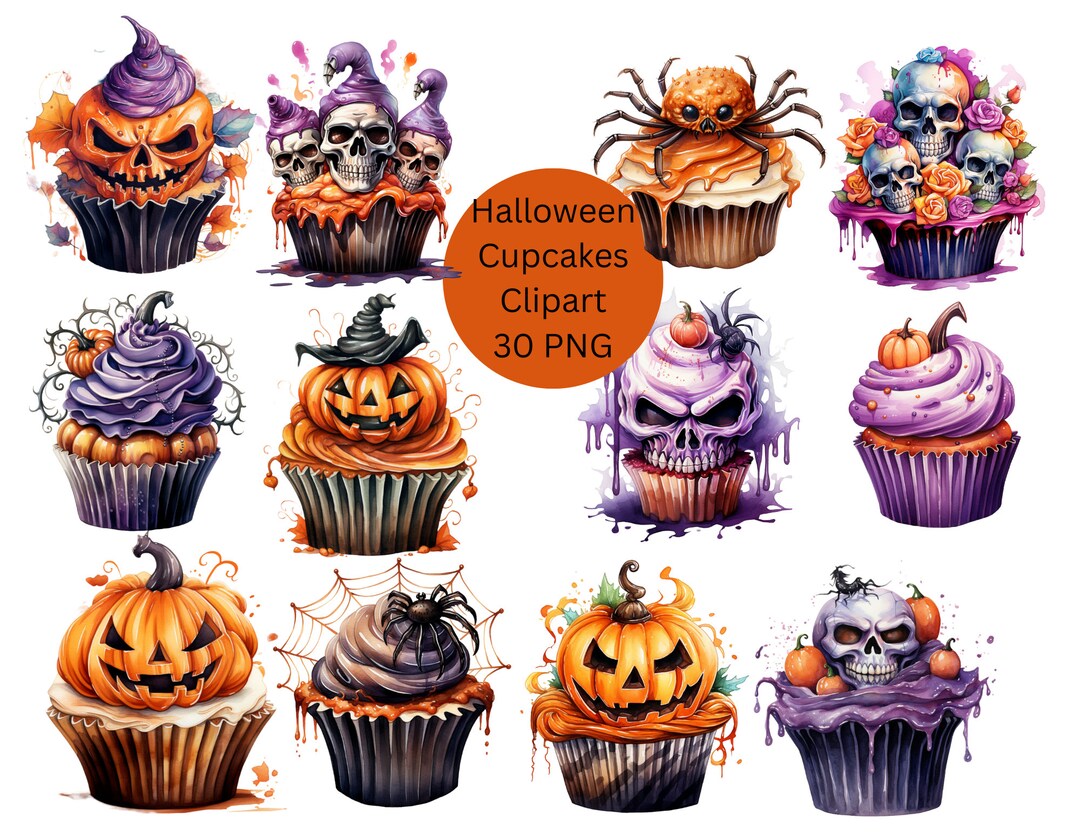 Halloween Cupcakes Watercolor Clipart, Halloween Clipart, PNG Digital ...