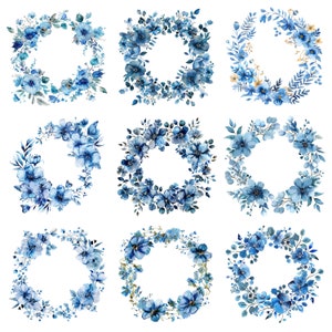 38 Blue Floral Wreaths Watercolor Clipart, Floral Clipart, PNG Digital ...