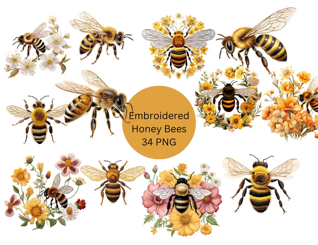 Embroidered Honey Bees Clipart, PNG Digital Files on a Transparent ...
