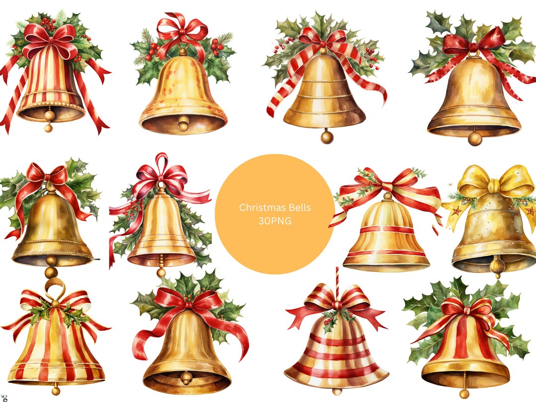 30 Christmas Bells Watercolor Clipart, Christmas Clipart, PNG ...