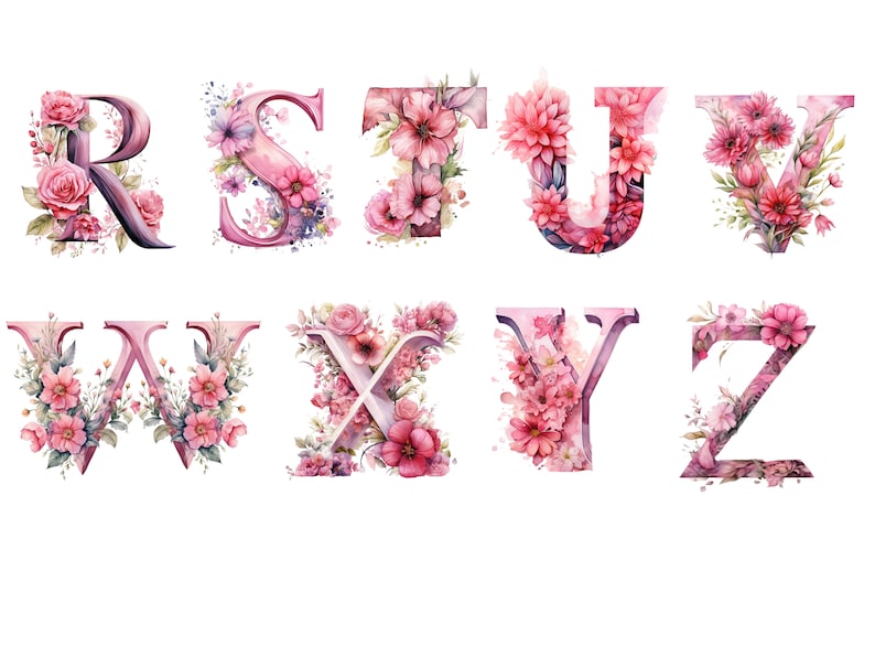 Watercolor Floral Pink Alphabet Clipart , Floral Alphabet, Transparent ...