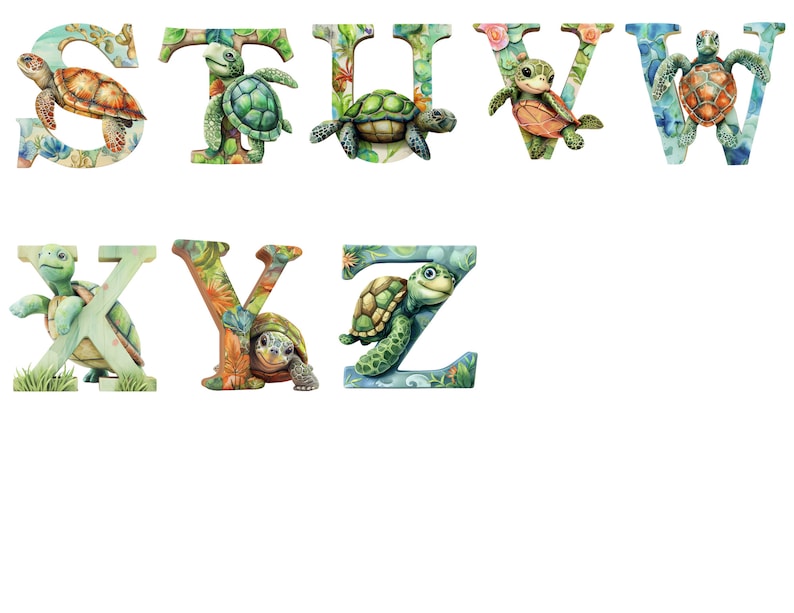 Watercolor Turtle Alphabet Clipart, PNG Individual Images on ...