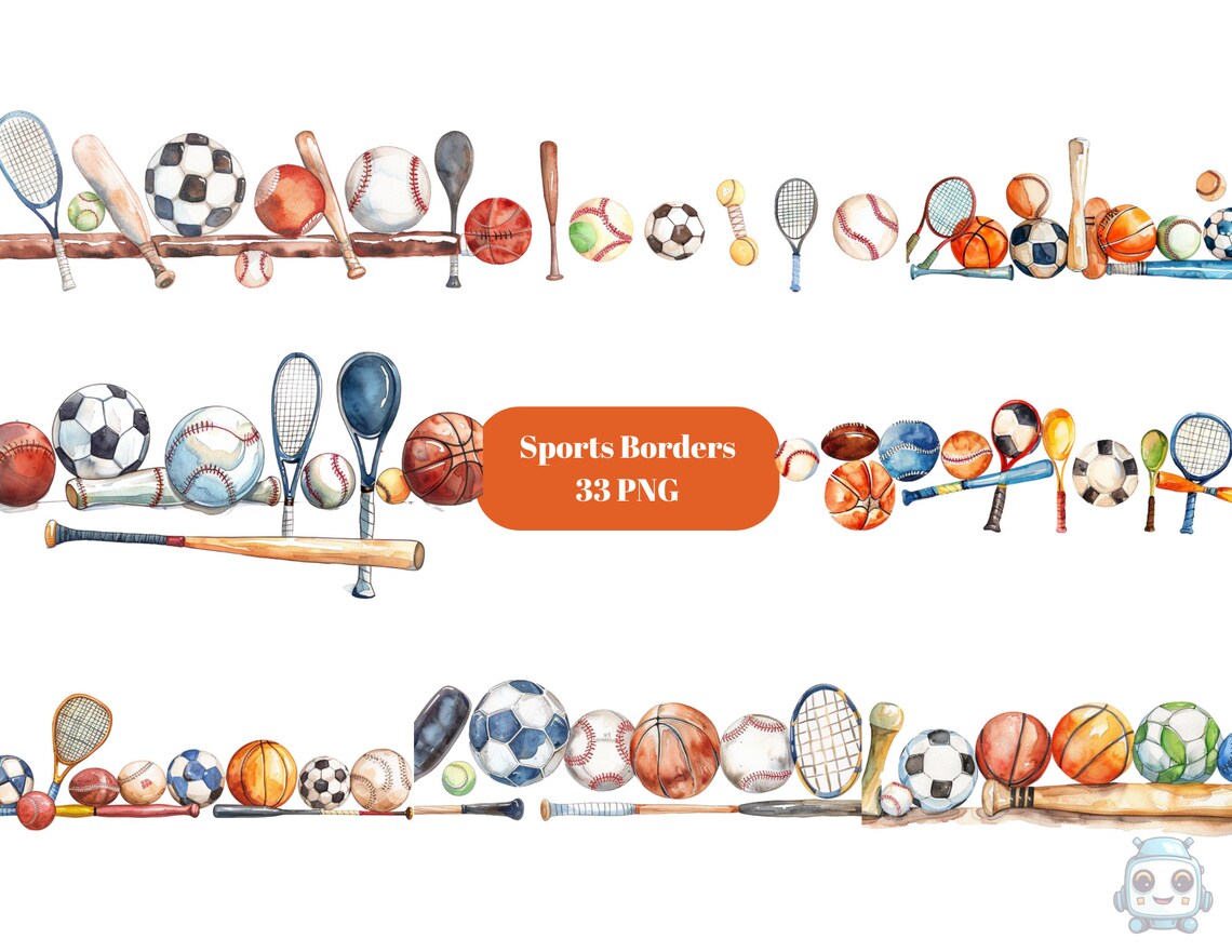 33 Sports Borders Watercolor Clipart, Border Clipart, PNG Individual ...